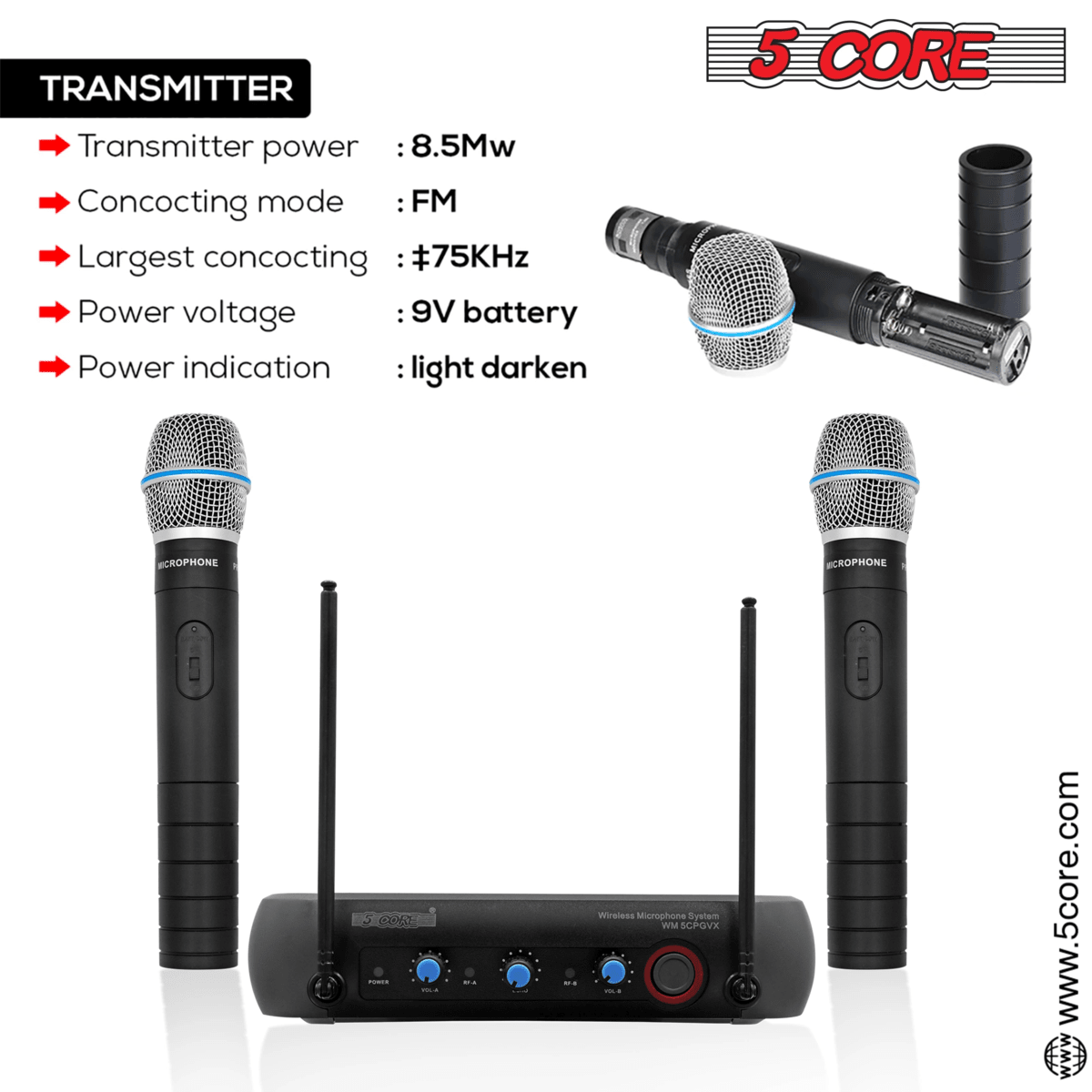 5 Core Wireless Microphone System With Case; VHF Dual 2 Handheld Mics ...