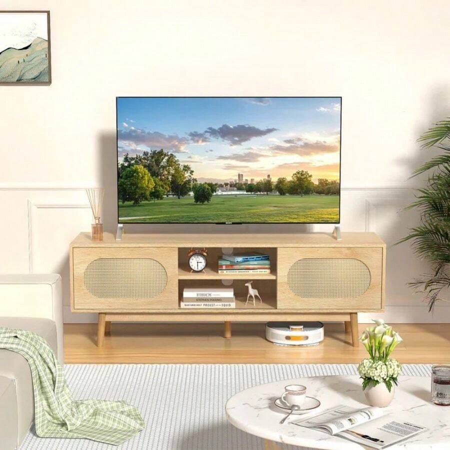 59" Rattan TV Console Table, TV Cabinet With Sliding Doors For TVs Up ...