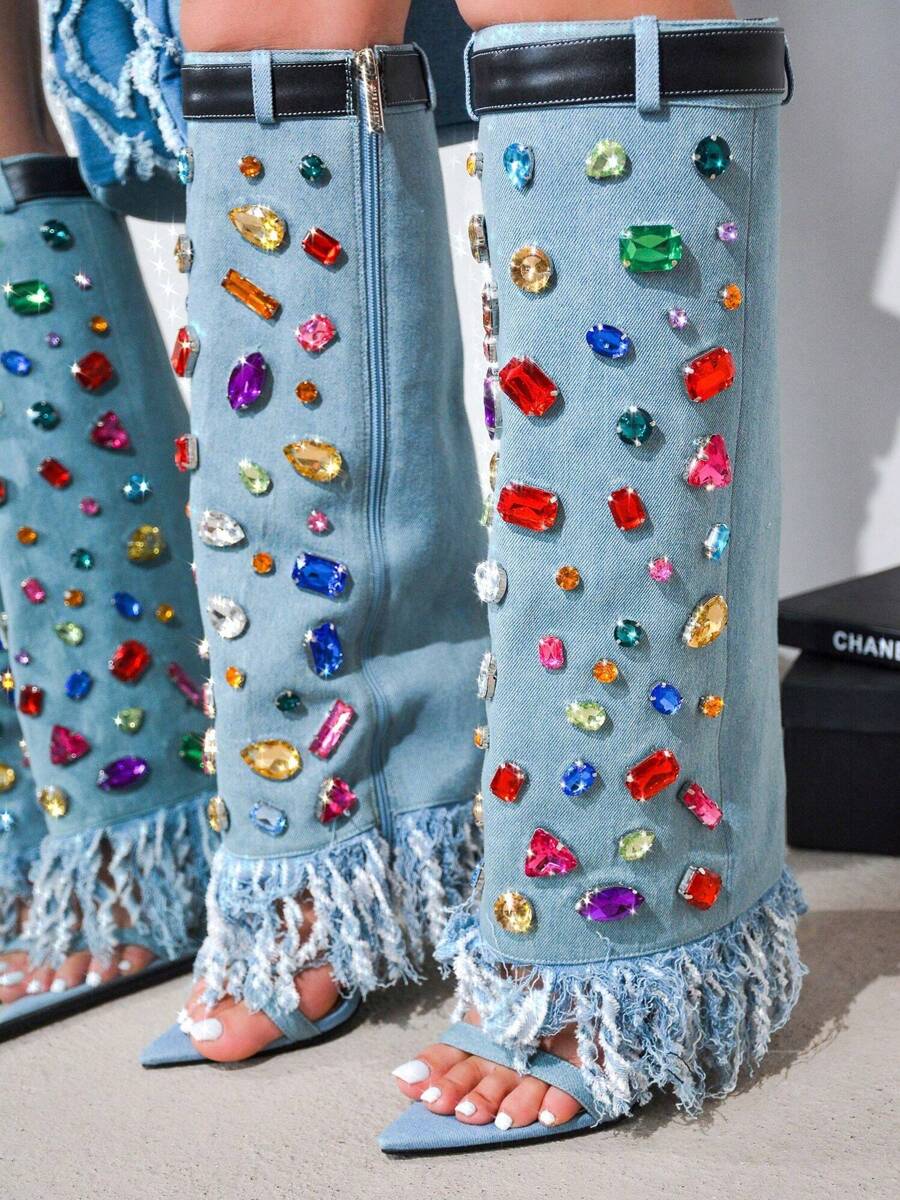 Women's Gems And Fringe Knee High Denim Boots - Single Pointy Toe Denim ...
