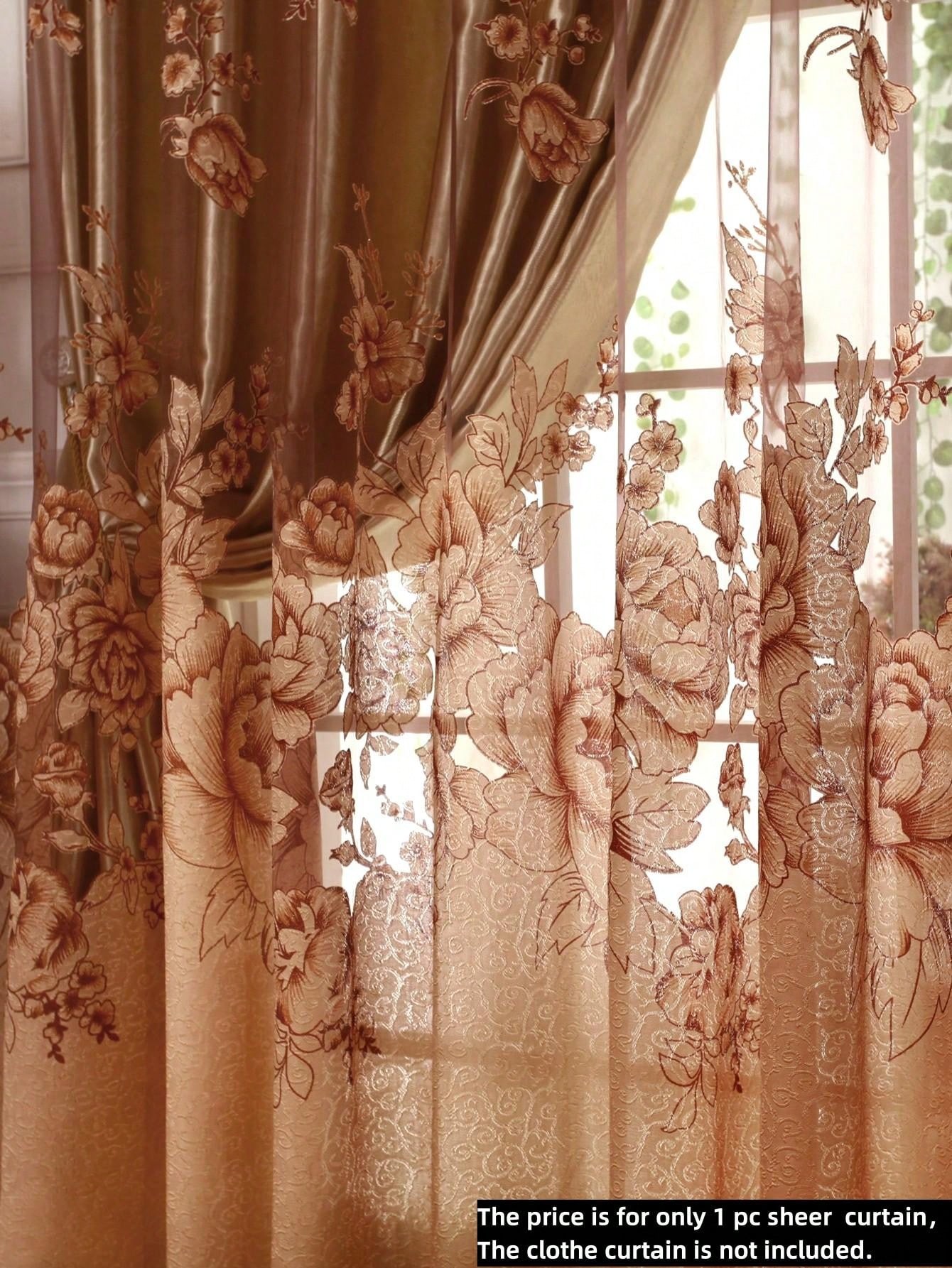1pc Coffee-Colored Floral Pattern Sheer Curtain, Rural Style Single ...