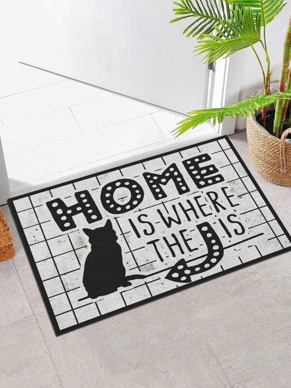 1pc Cute Cat & Letter Print Door Mat, Modern Polyester Fiber Rectangle Mat Suitable For Home ...