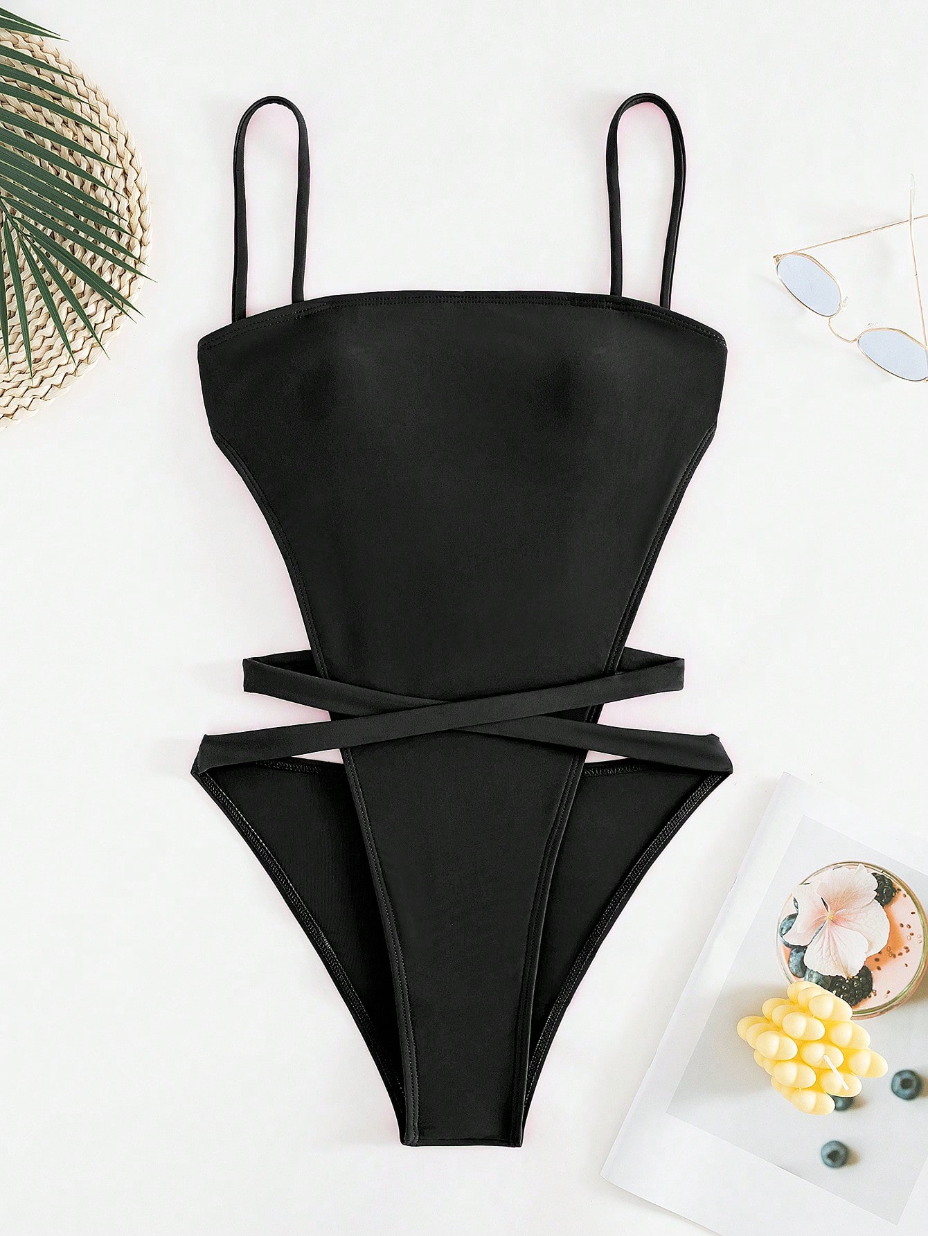 Womens Spaghetti Strap Sexy Backless Solid Color One Piece Swimsuit
