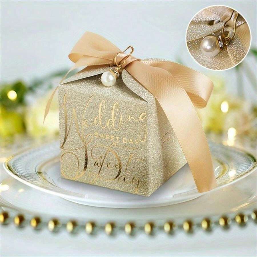 50pcs New Wedding Anniversary Candy Box, Pearl & Ribbon Decorated With ...