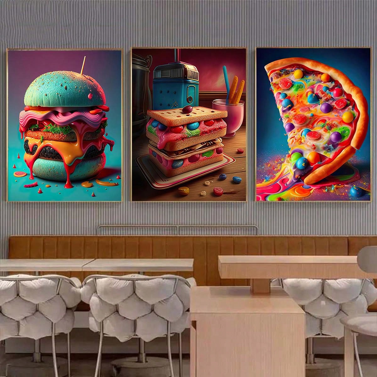 Set Of 3 Hamburger Pizza Bread Food Art Oil Painting Posters For Wall ...