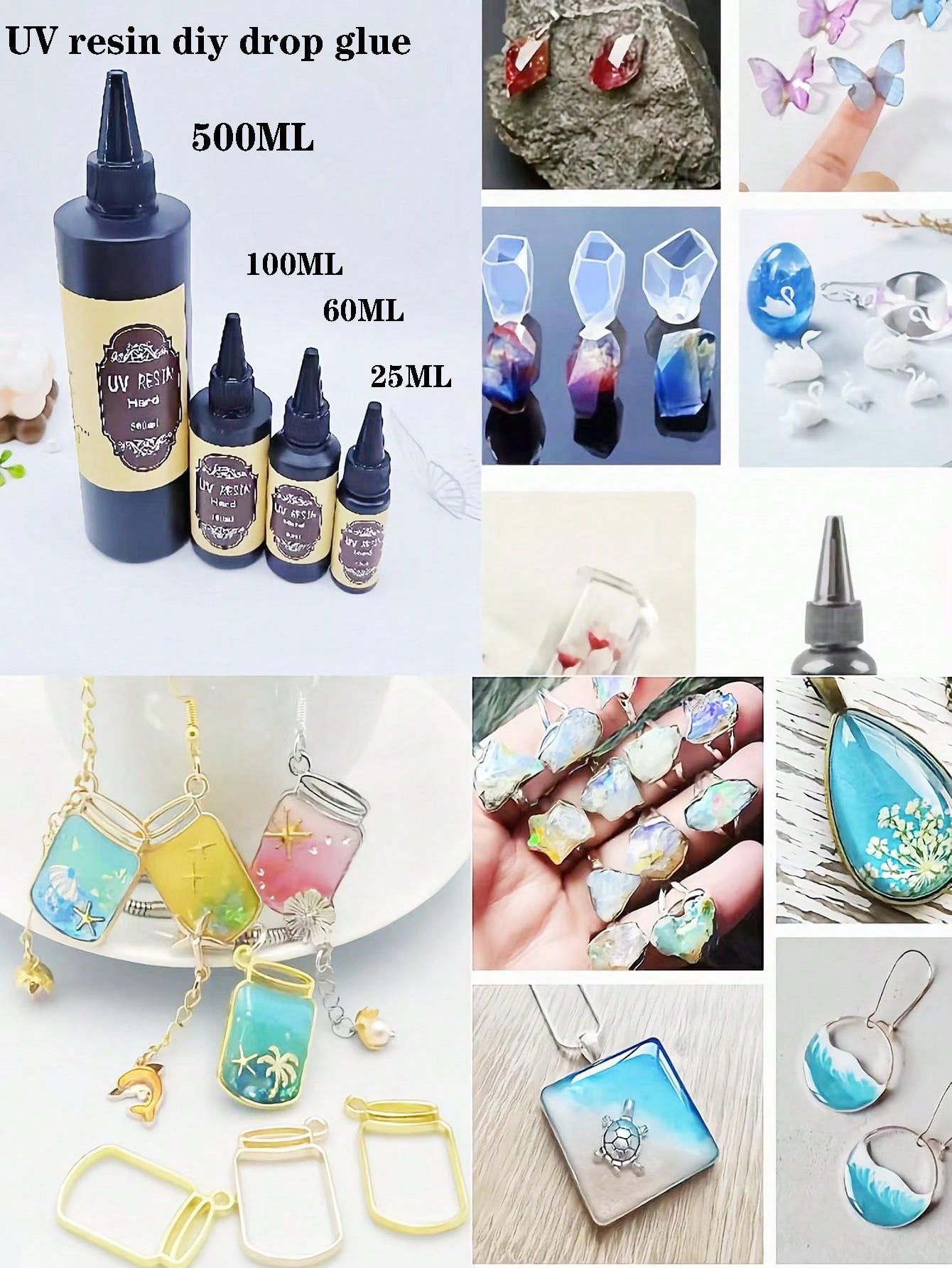 1 Set UV Resin kit 25ML/60ML/100ML/500ML UV Resin, Crystal Clear Resin Glue, UV Flashlight for ...