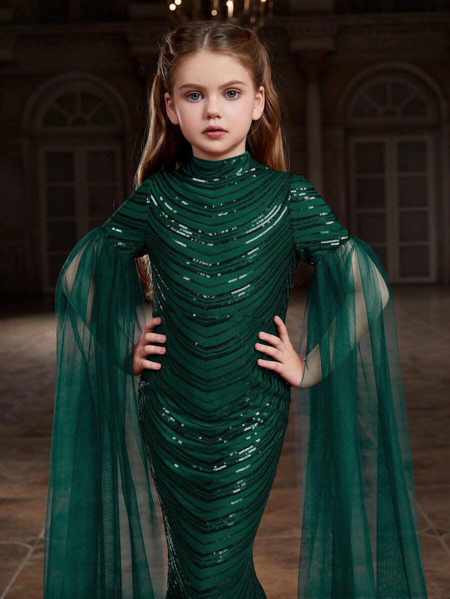 Tween Girl High Neck Long Sleeve Sparkly Mermaid Tail Dress | SHEIN USA