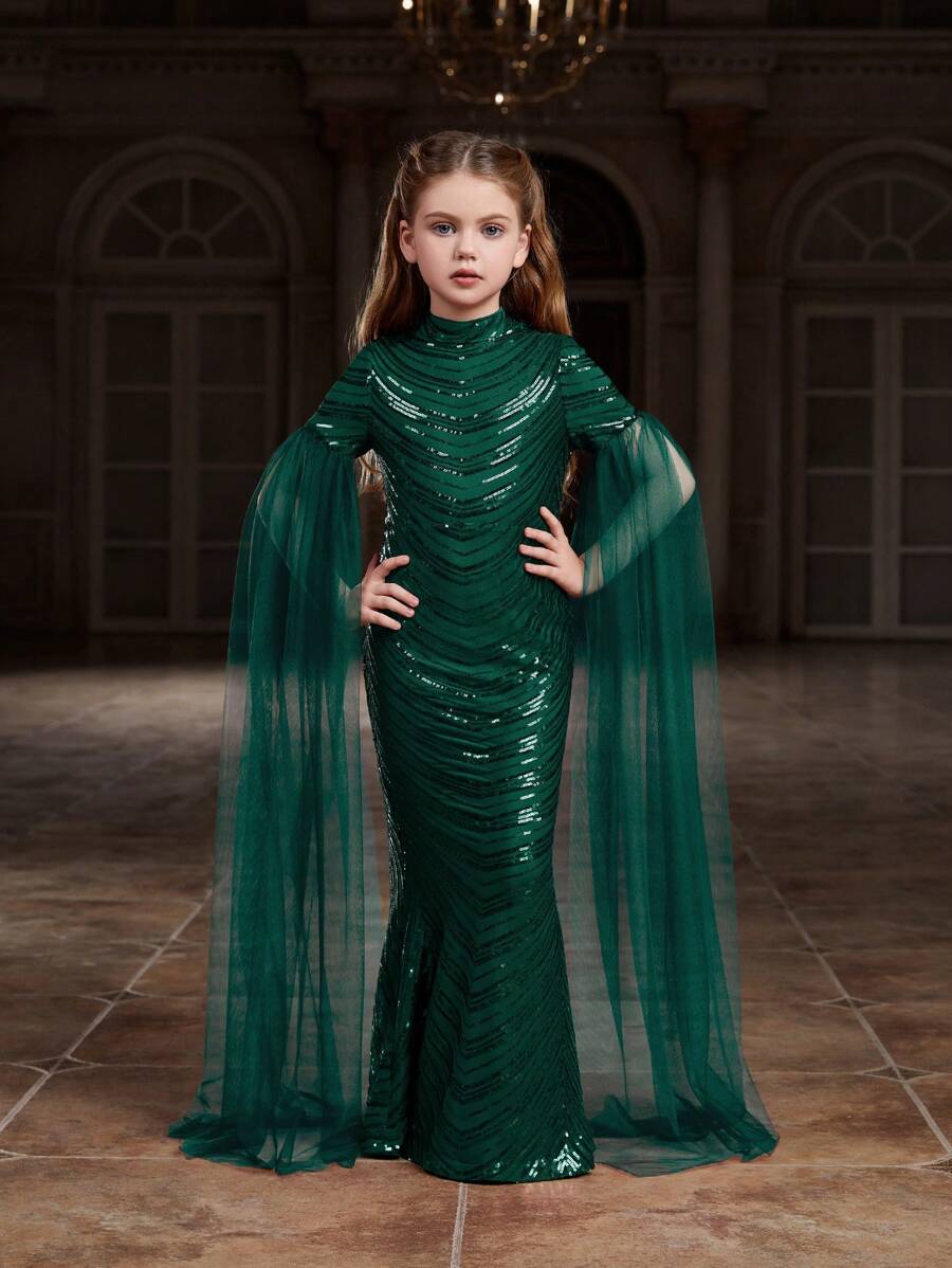 Tween Girl High Neck Long Sleeve Sparkly Mermaid Tail Dress | SHEIN USA