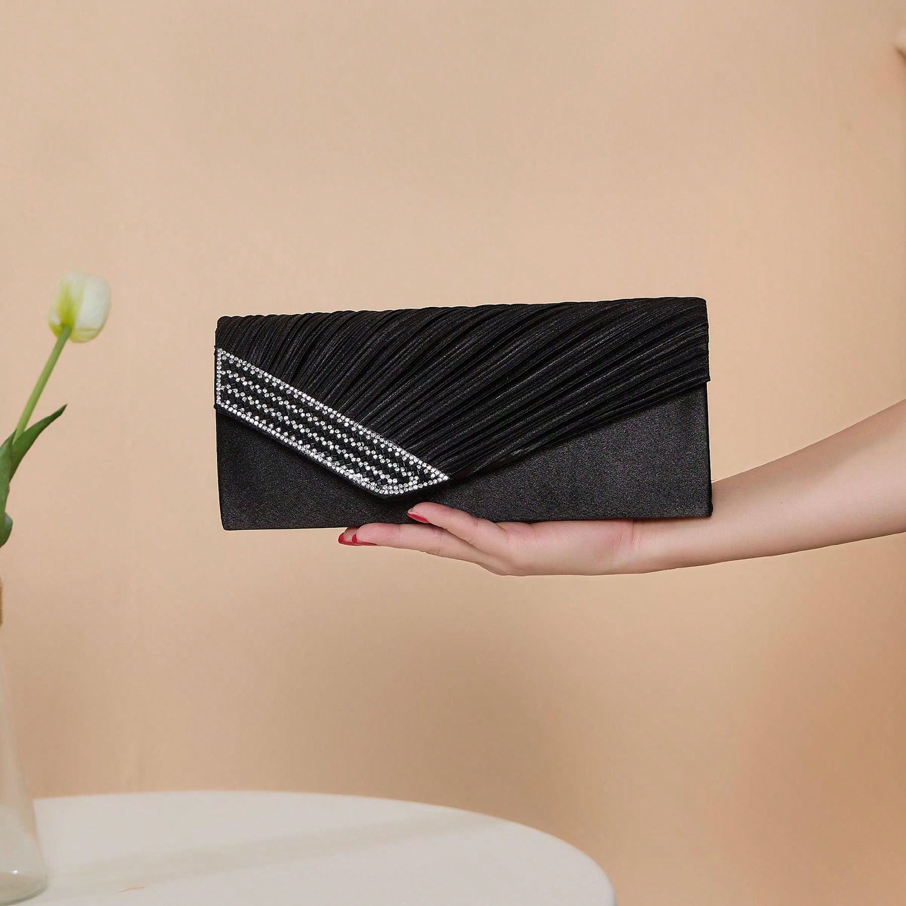 Classic Black Pleated Satin Clutch Bag For Bride, Prom, Party | SHEIN USA