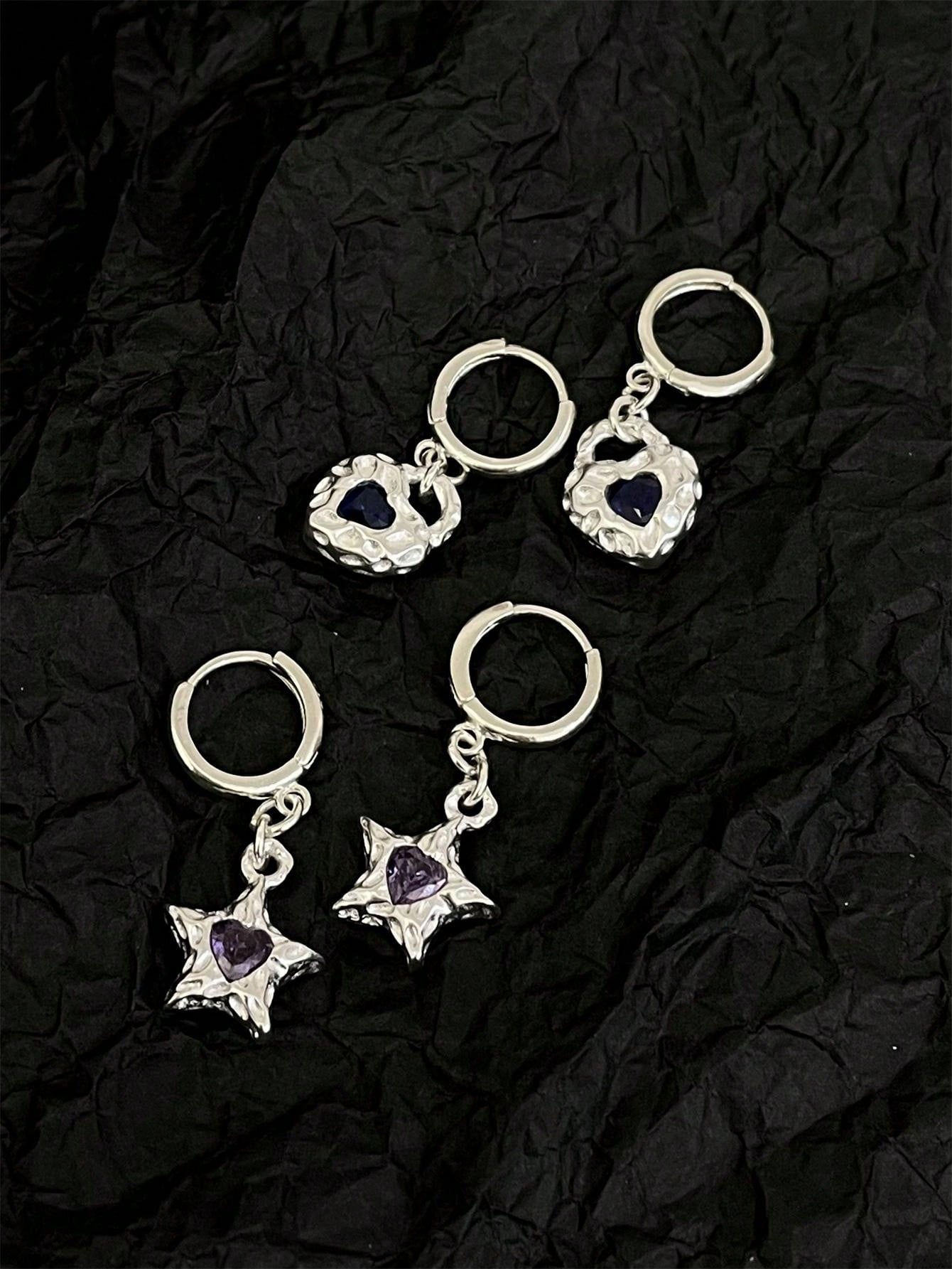 1pair Luxury 925 Sterling Silver Double Circle & Heart-Shaped & Star ...