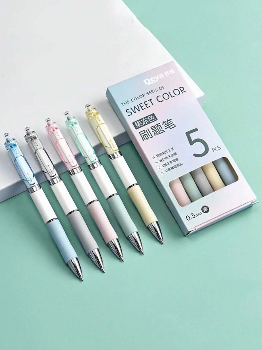 1 Box Of 5 Macaron-Colors Simple Click Ballpoint Pens With Smooth ...