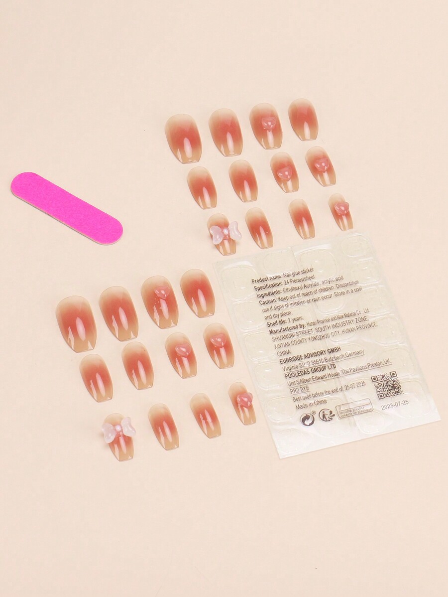 24pcs Long Coffin Shaped Press-On Nails With Blushing Cheeks, Hearts ...