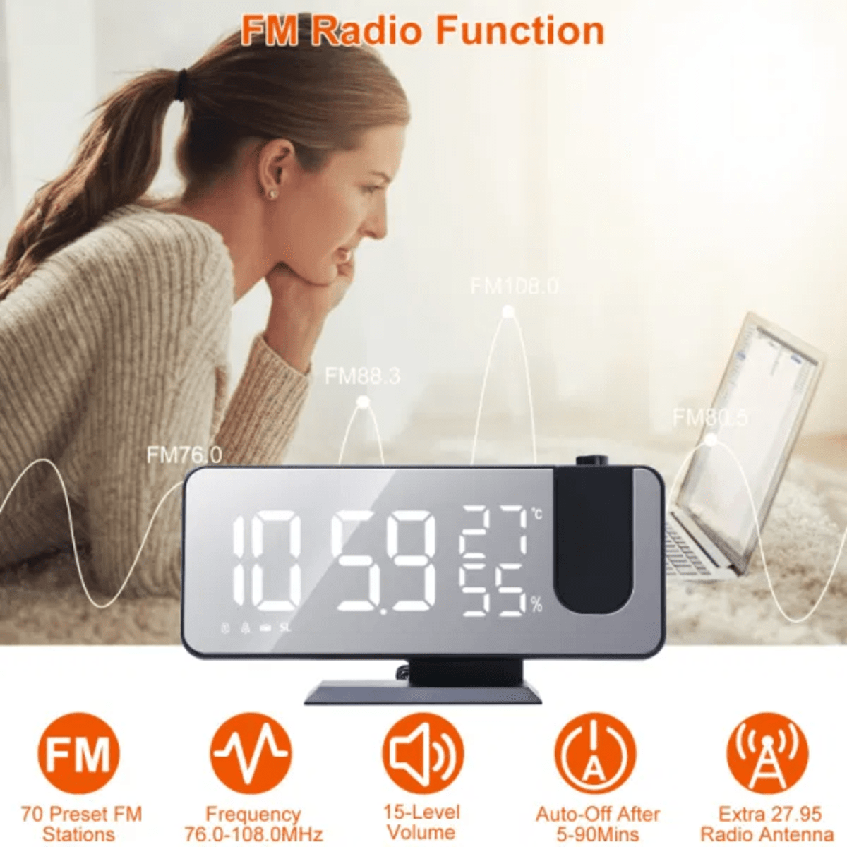 Projection Alarm Clock With Radio Function 7.5In Mirror LED Digital ...