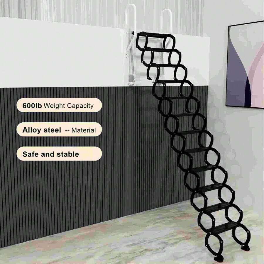 9.8FT Wall Mounted Folding Loft Ladder 12 Steps Pull Down Attic Stairs ...