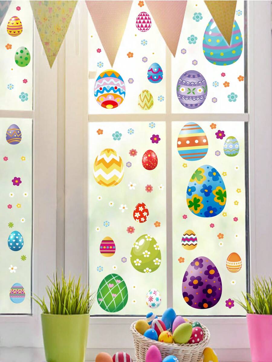 Flower Easter Eggs Window Clings, Removable Eggs Window Static Sticker ...