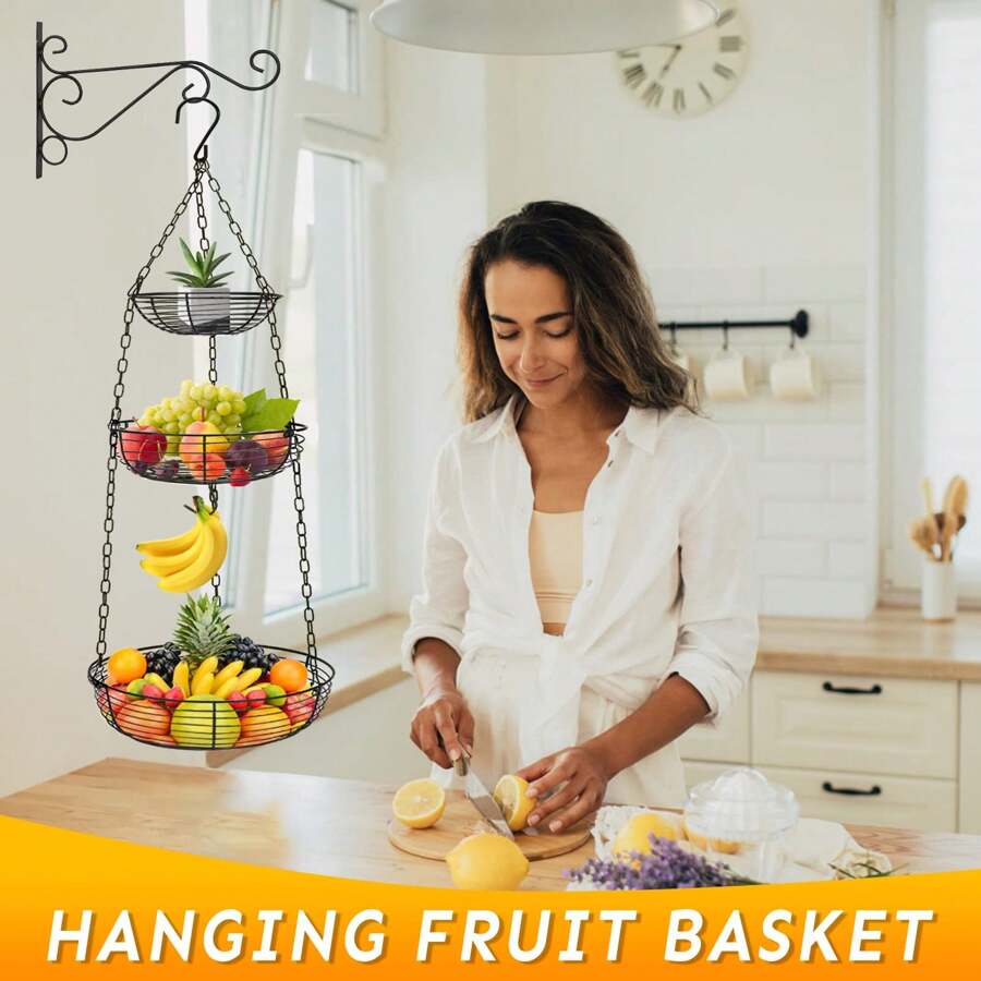 3 Tier Hanging Fruit Basket With Banana Hook, Heavy Duty Wire Hanging ...