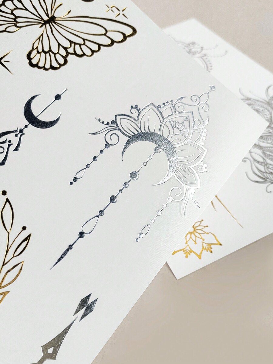 2 Sheet Gold Silver Flash Tattoo Sticker Sun Butterfly Moon Feather ...