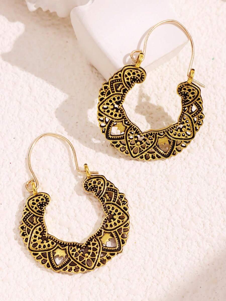 1 Par De Pendientes Vintage Con Forma De Corazón Huecos Y Dorados Para ...
