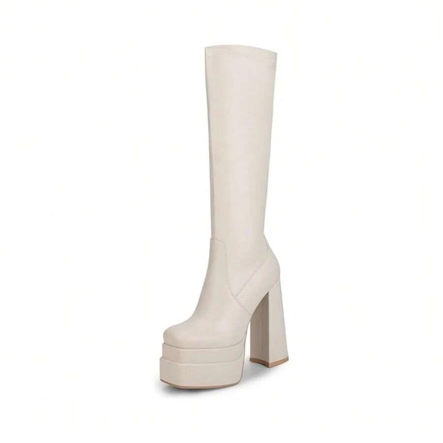 Women'S Square Toe Chunky Heel Stacked Platform Knee High Boot | SHEIN USA