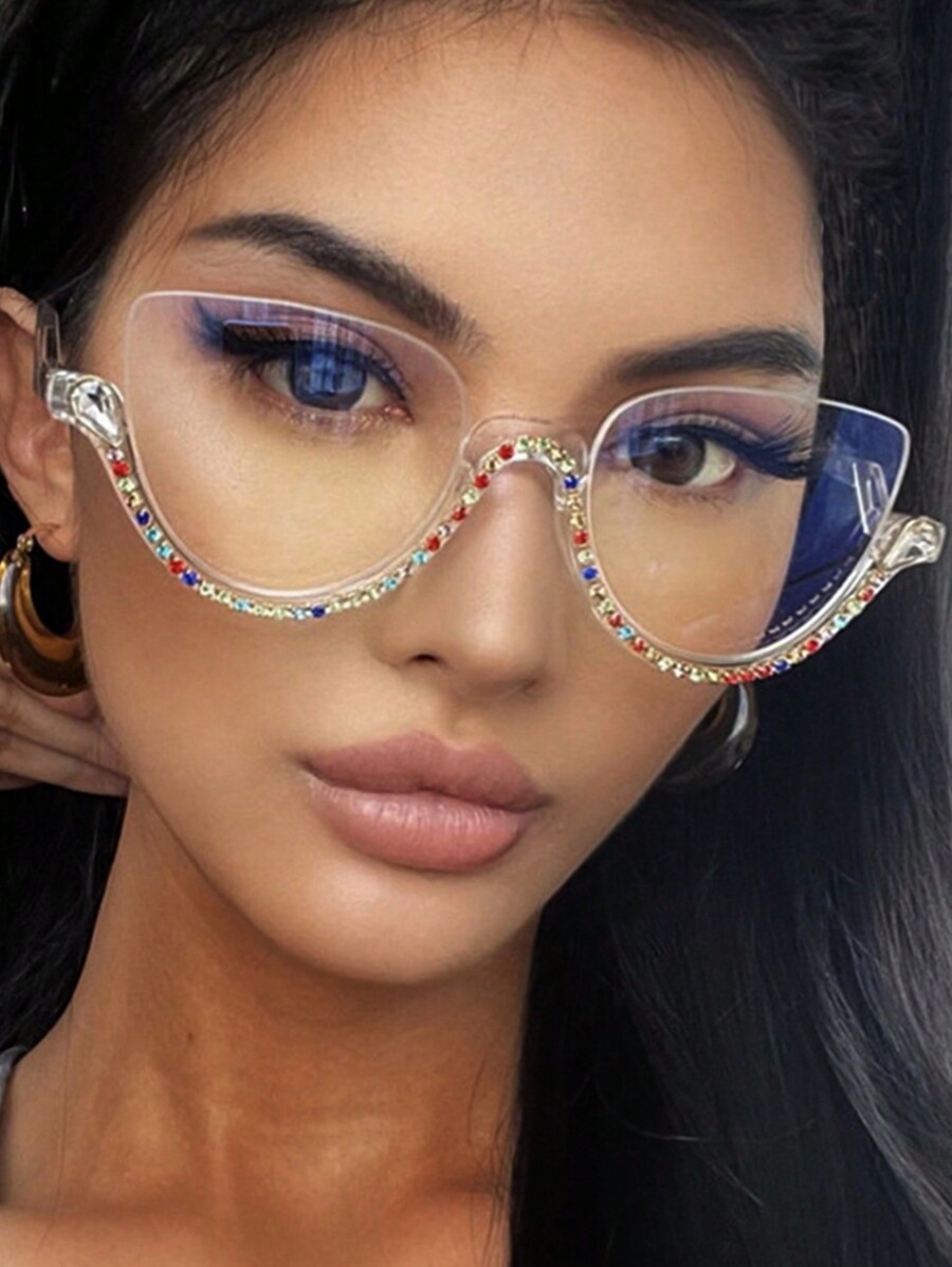 Royal Blue Light Blocking Semi-Rimless Rhinestone Decor Flat Lenses ...