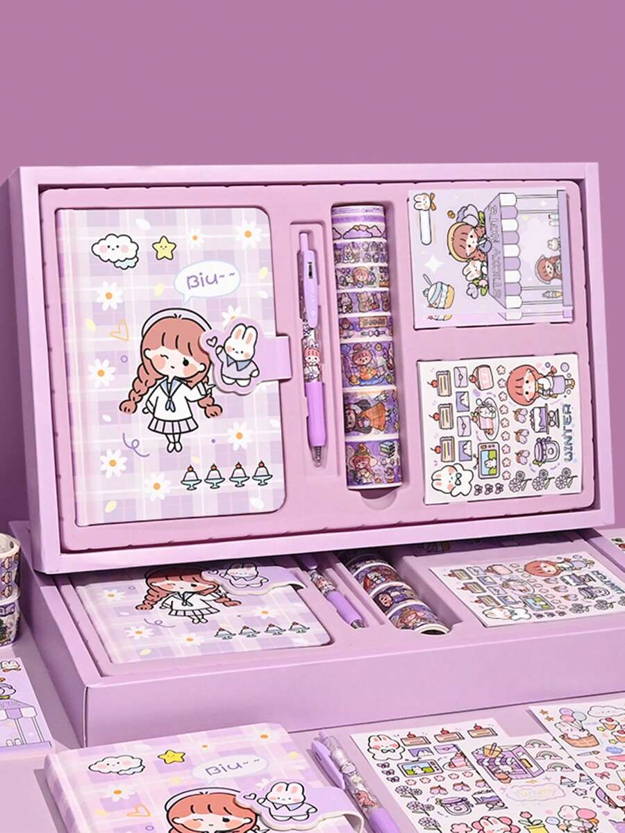 Cute Notebook Set, Cartoon Diary Gift Box With Stickers And Tape For ...