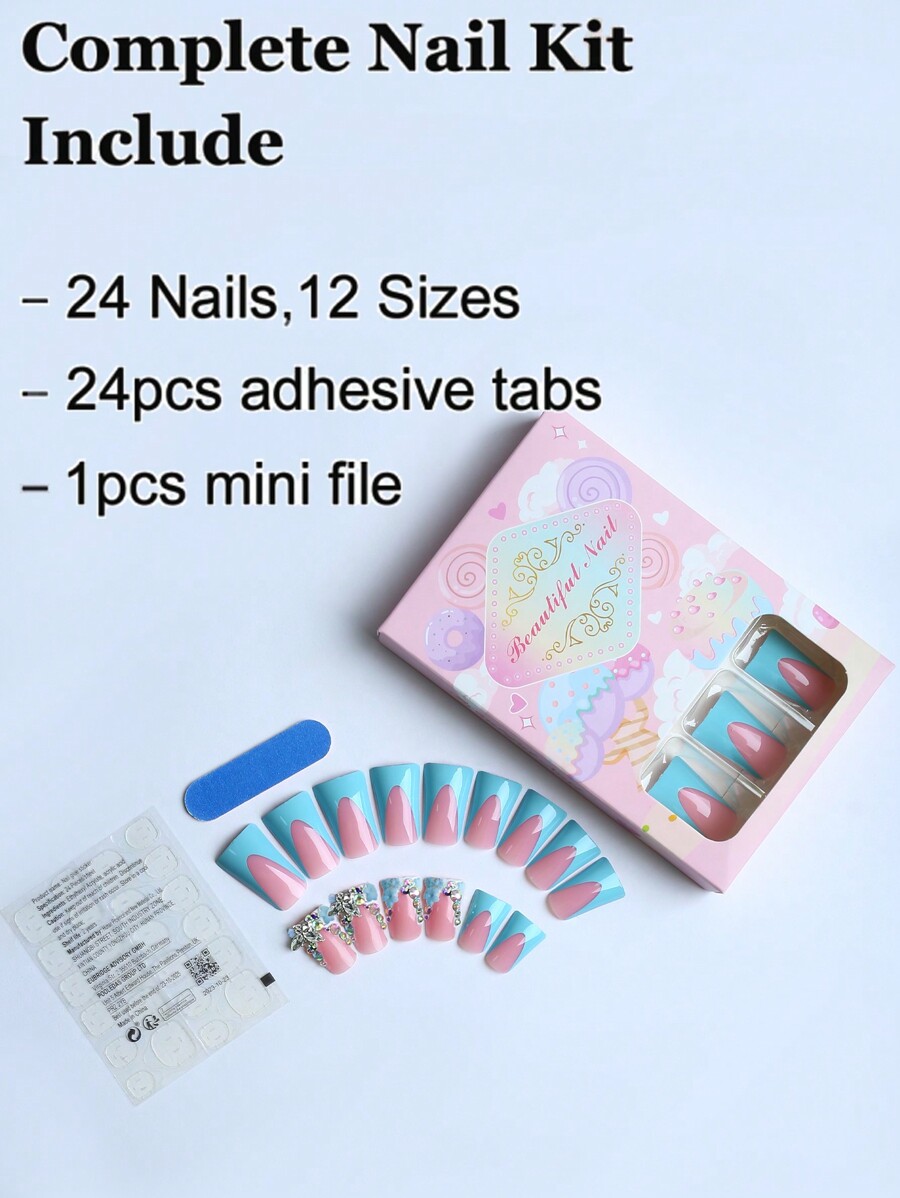 24 Pcs XXL New Duck Beak Nail Crystal Butterfly Blue French Edge Blue ...