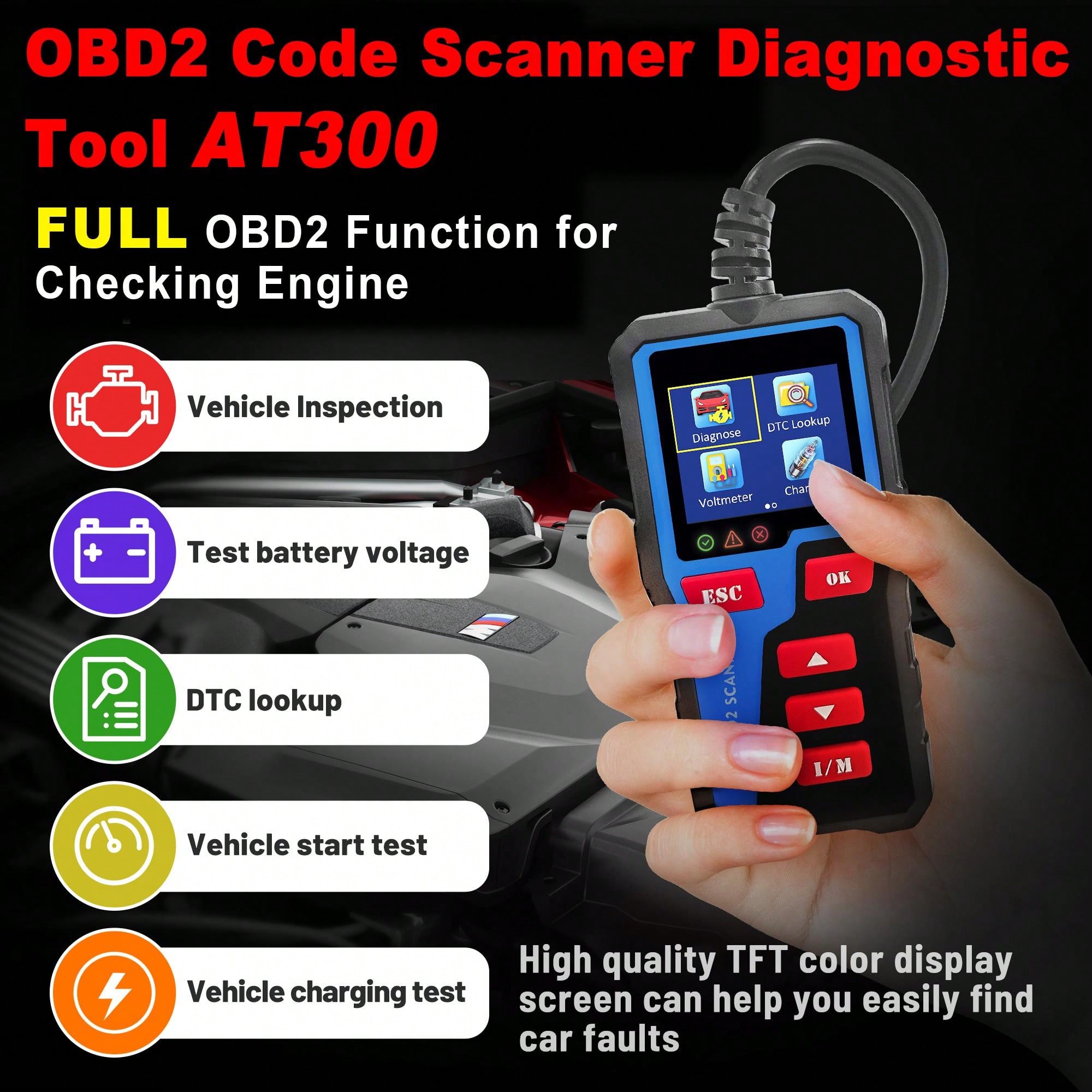 OBD2 Code Reader, OBDII EOBD Car Code Scanner Check Engine Light Fault ...