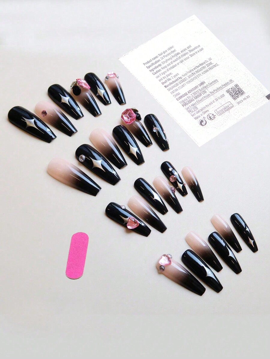 Update Your Style With 24pcs Bling Rhinestone Decor Black Long Coffin ...