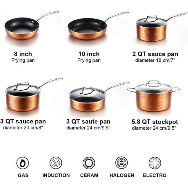 10 Piece Hammered Copper Cookware Set With Nonstick Coating, Induction ...