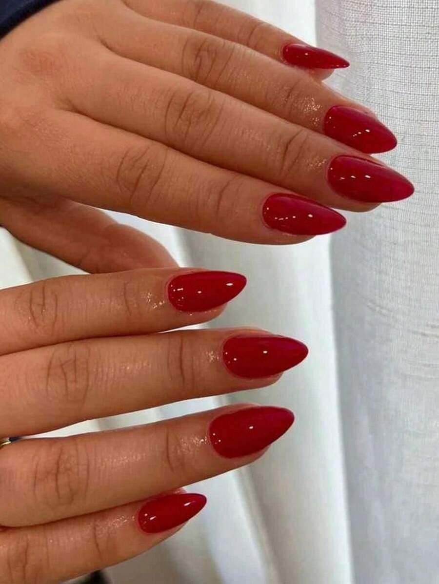 Elevate Your Style With,24pcs Long Almond Red Fake Nail Set,Fit ...