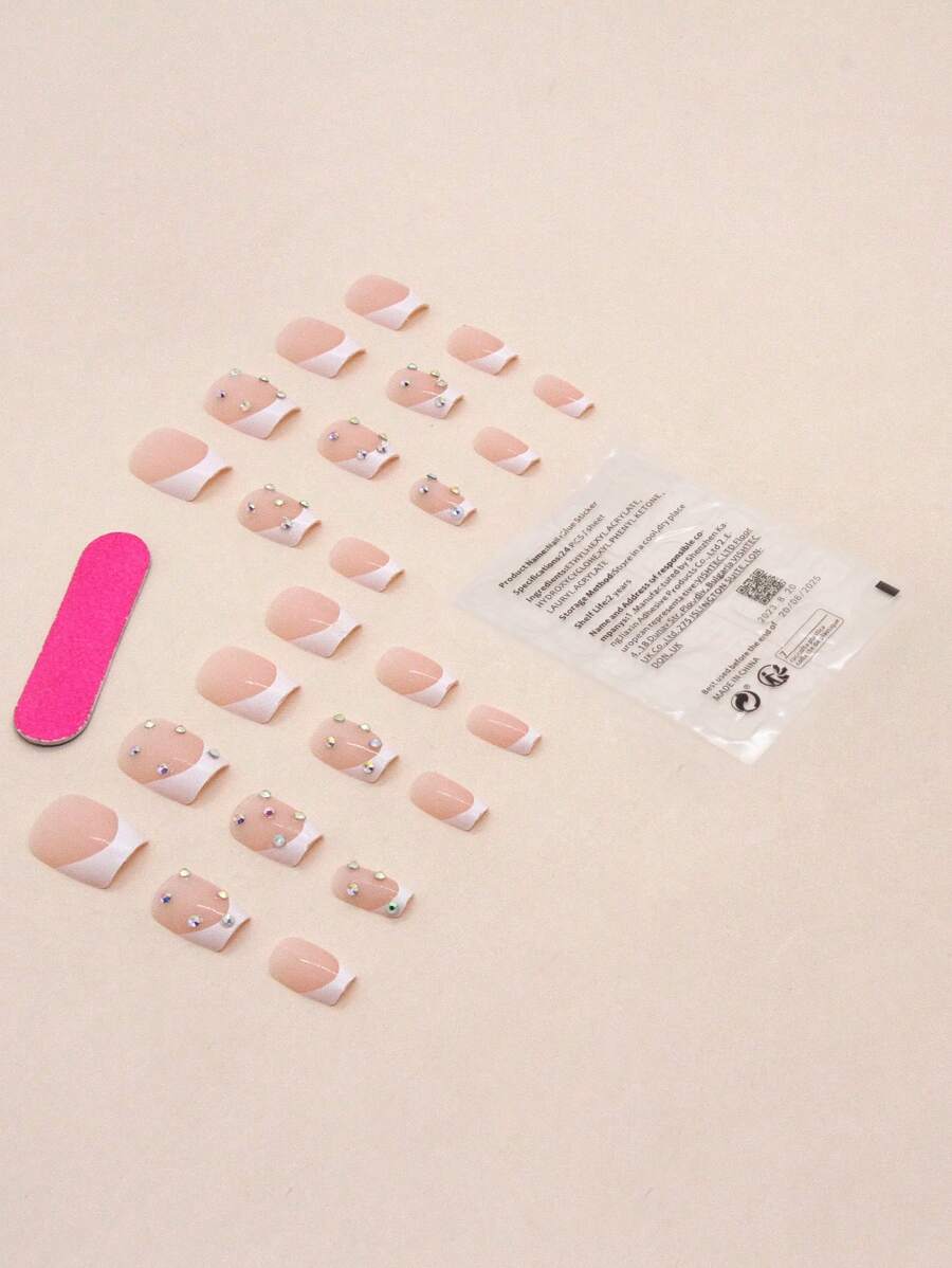 24pcs Short Coffin Shaped Elegant French Glossy Nail Art Rhinestone ...