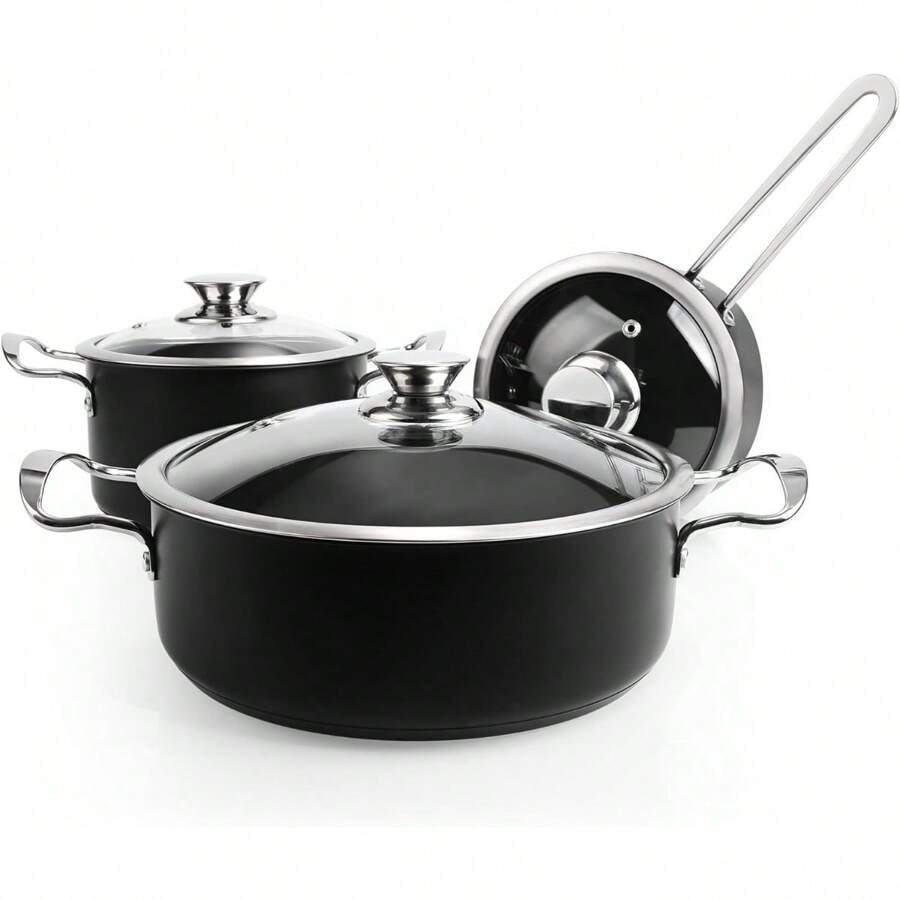 Black 6-Piece Stainless Steel Cookware Set With Glass Lids, Stay-Cool ...
