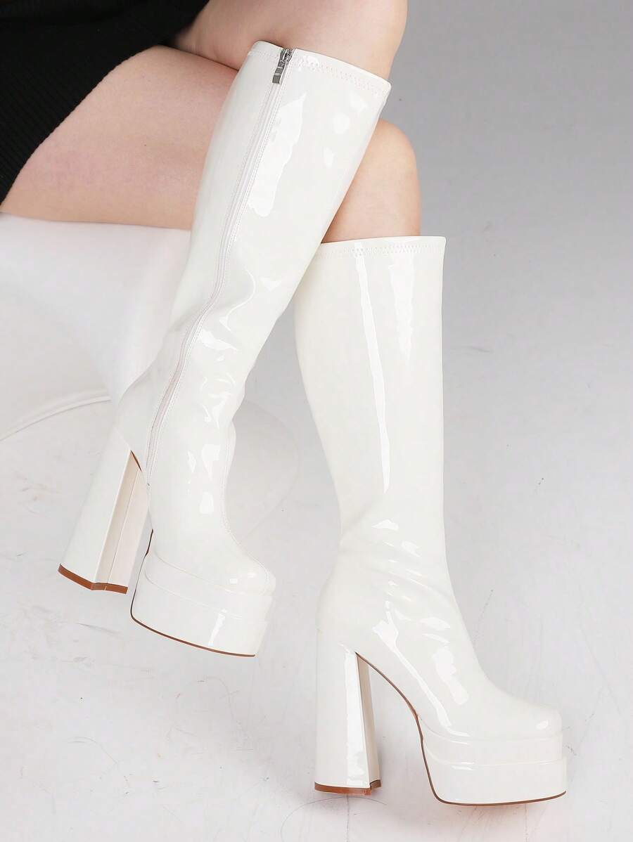Women Black Goth Platform Knee High Boots Square Toe High Heel Classic ...