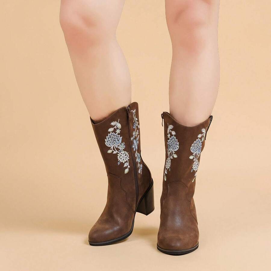 Luoika Women's Wide-Calf Cowboy Cowgirl Boots With Pointed Toe And Chunky Heel, Western Style ...