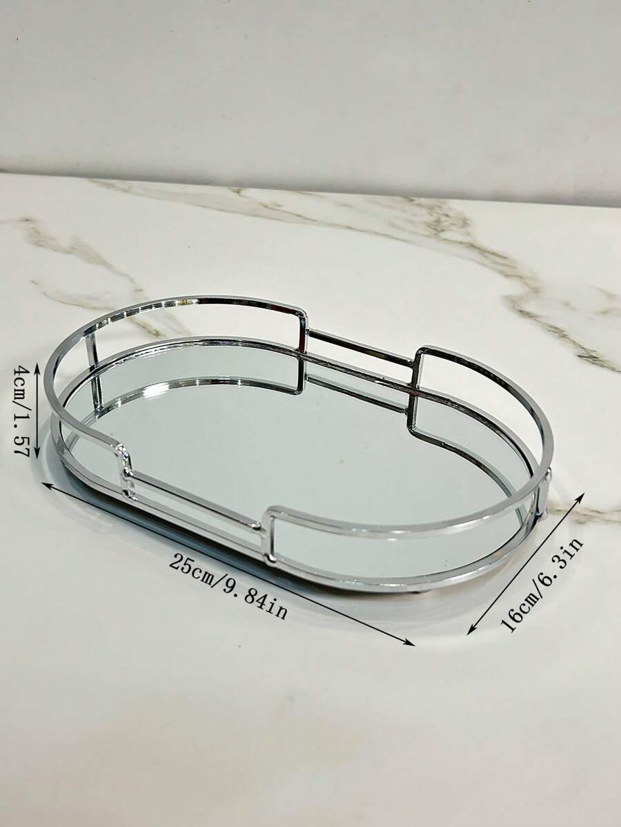 1pc Silver Iron Polygonal Oval Shaped Glass Mirror Tray, European Style ...