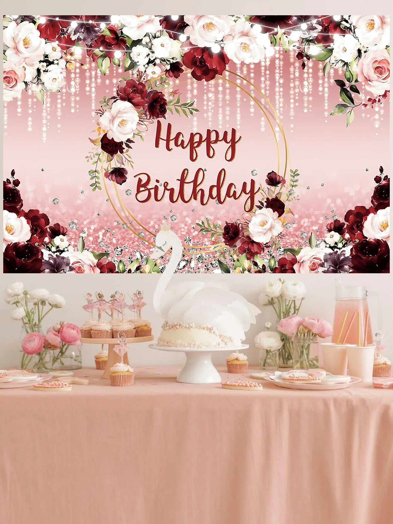 1Pc Happy Birthday Flowers Theme Backdrop Banner Birthday Party ...