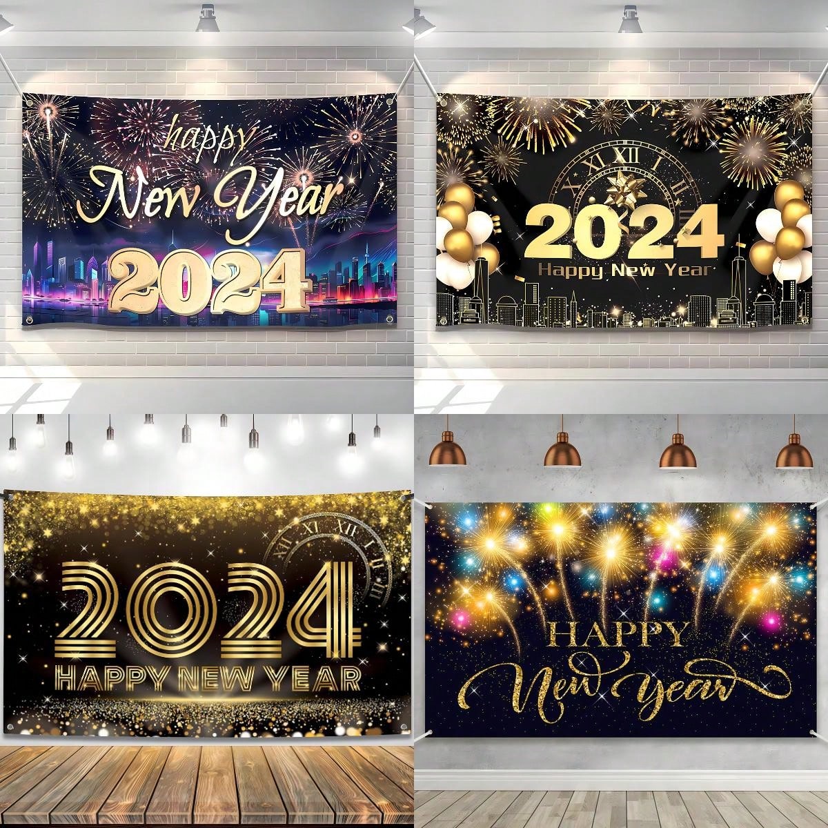 2024 New Year Theme Party Decoration Black & Gold New Year Banner Photo ...