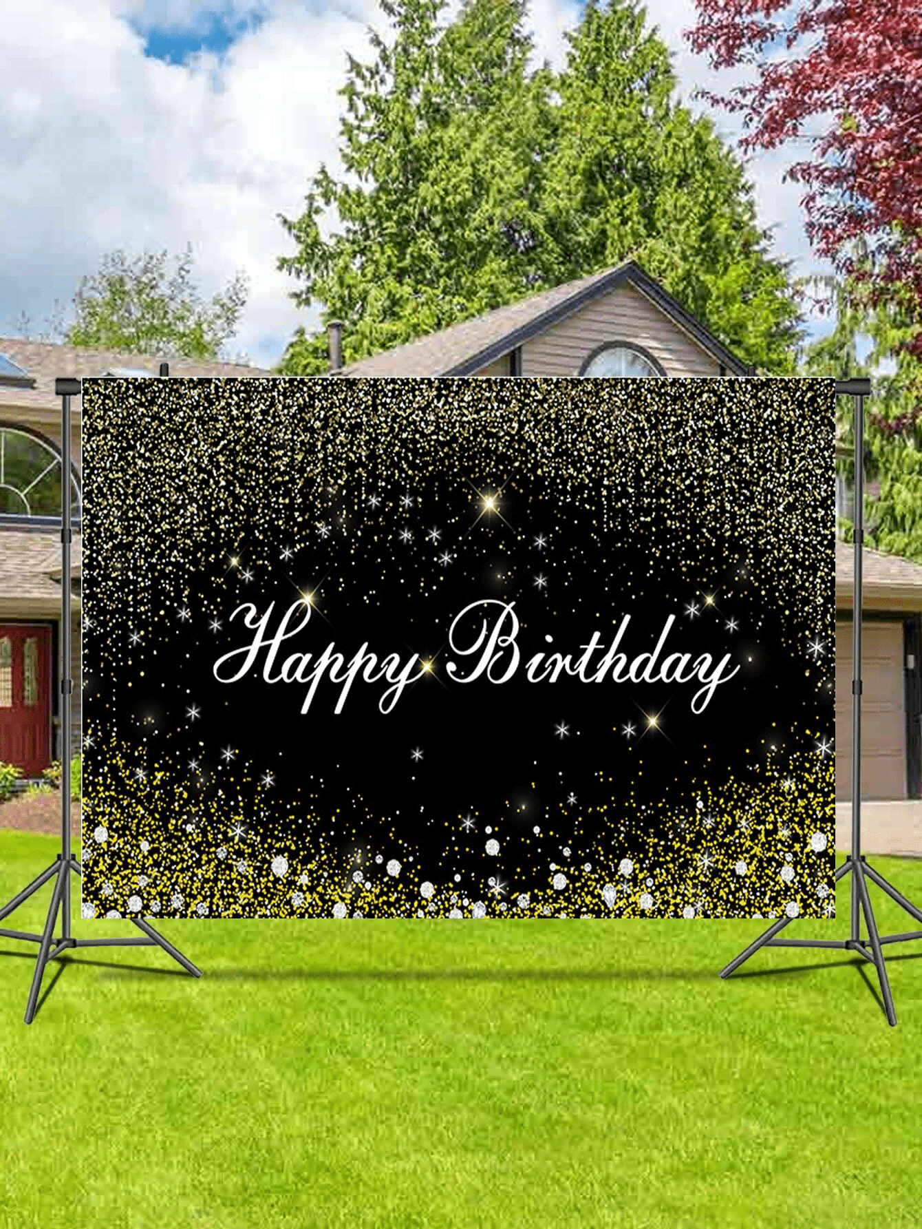 1pc Gold Glitter Happy Birthday Backdrop Cloth, Party Style, Made Of ...