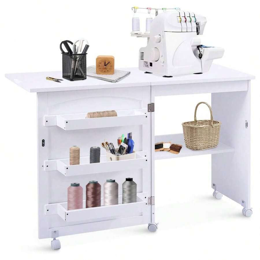 Foldable Sewing Table, Sewing Machine Table On Wheels, Sewing Cabinet ...