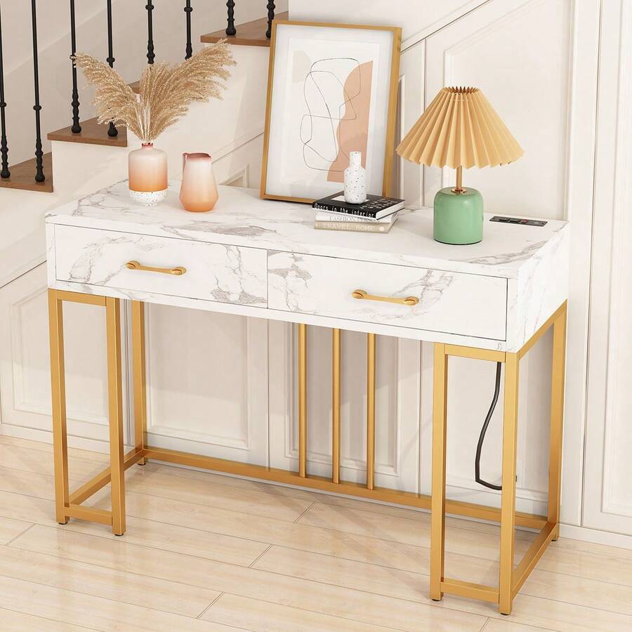 Console Table With 2 Drawers, Entryway Table With Outlets And USB Ports ...