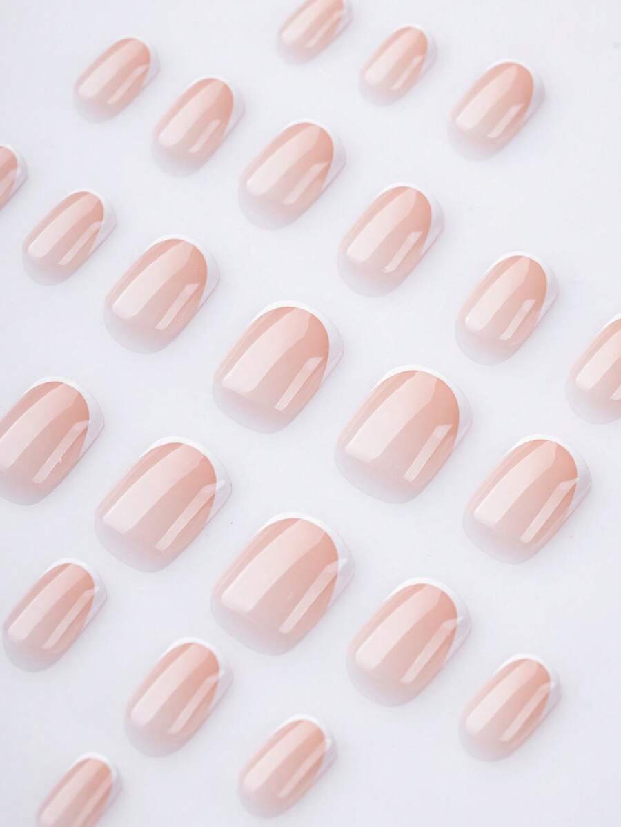 24pcs Short Square With White French Tip Press On Nails Simple Design ...