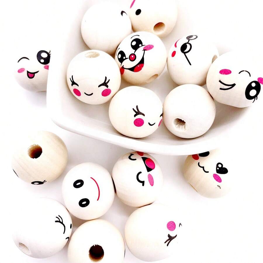 10pcs/Pack Mixed Style 20mm Round Wooden Happy Face Beads In Natural ...
