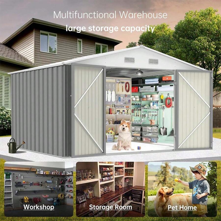 8x8 FT Metal Outdoor Storage Shed, Steel Utility Tool Shed Storage ...