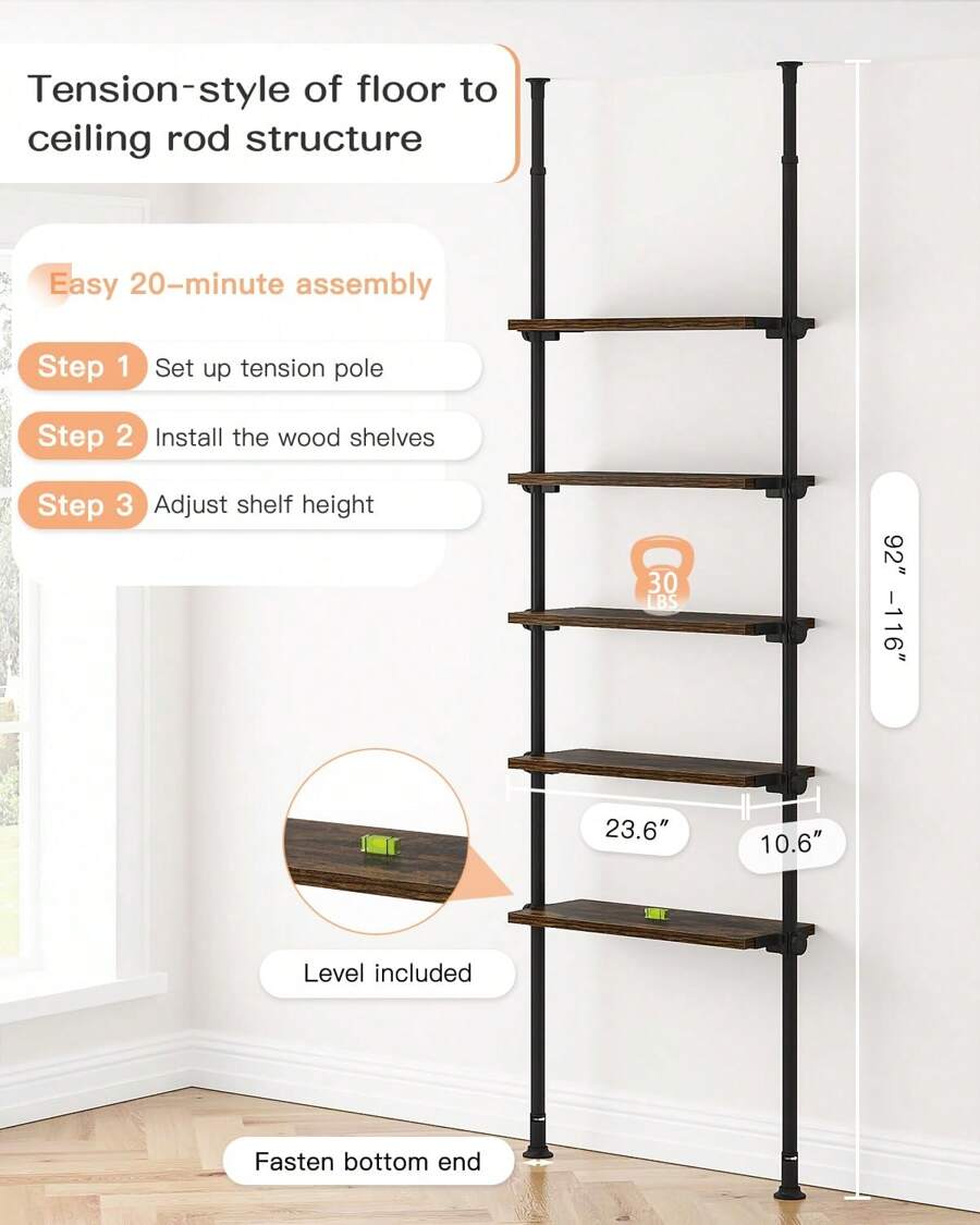 ALLZONE 5 Tiers Narrow Bookshelf, Tall Adjustable Ladder Book Shelf ...