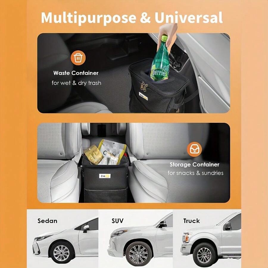 Car Trash Can With Lid And Storage Pockets - 100% Leak-Proof Organizer ...