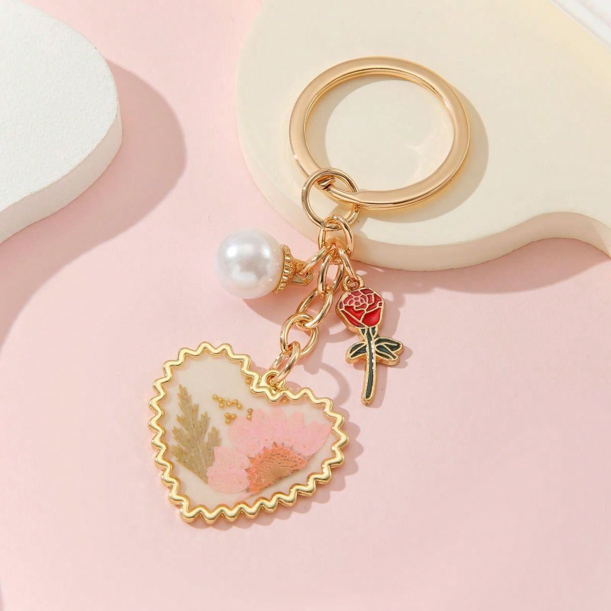 1pc New Daisy Dried Flower Design Metallic Keychain With Wave Edge ...