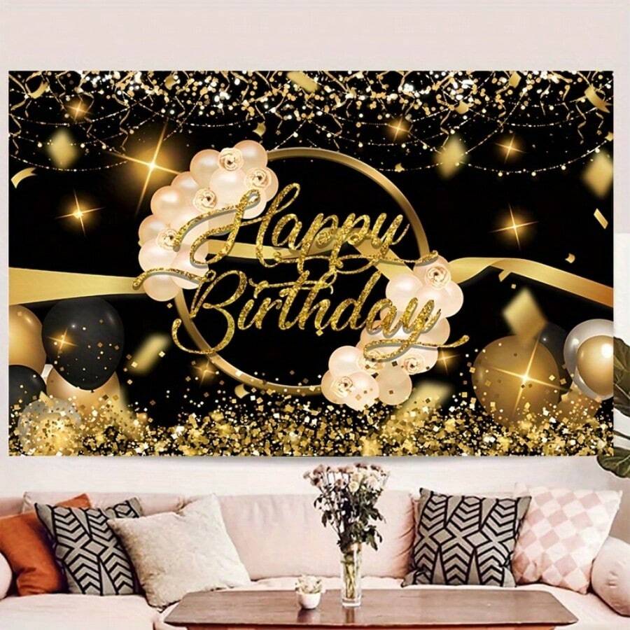 1pc,Black And Golden Happy Birthday Backdrop,Glitter Golden Dots ...