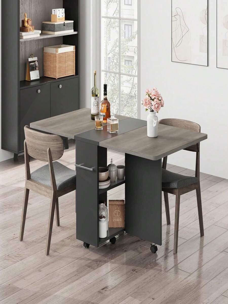 Folding Dining Table, Dinner Table With 2 Tier Storage Shelves, Space ...