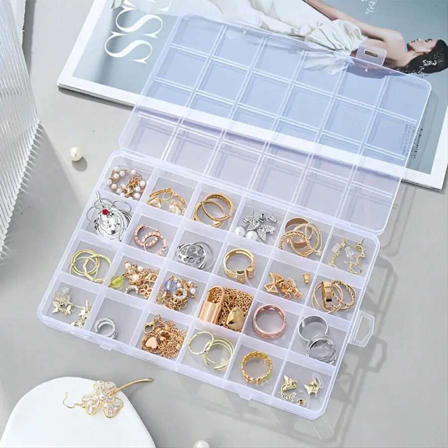 24-Grid Storage Box, Plastic Jewelry Organizer With Adjustable Dividers ...