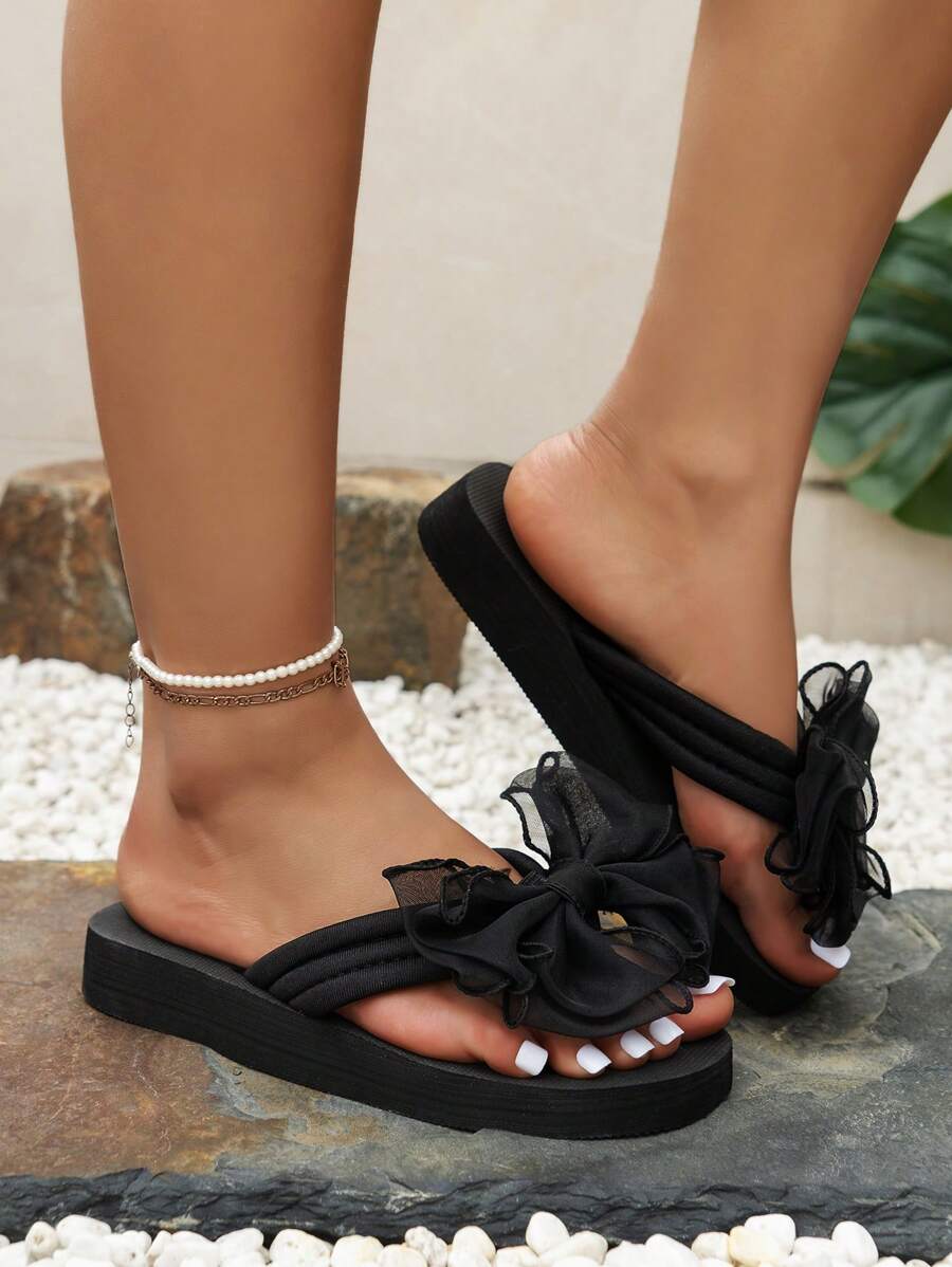 Women's Bowknot Decor Platform Flip Flops, Slip On Casual Non-Slip ...