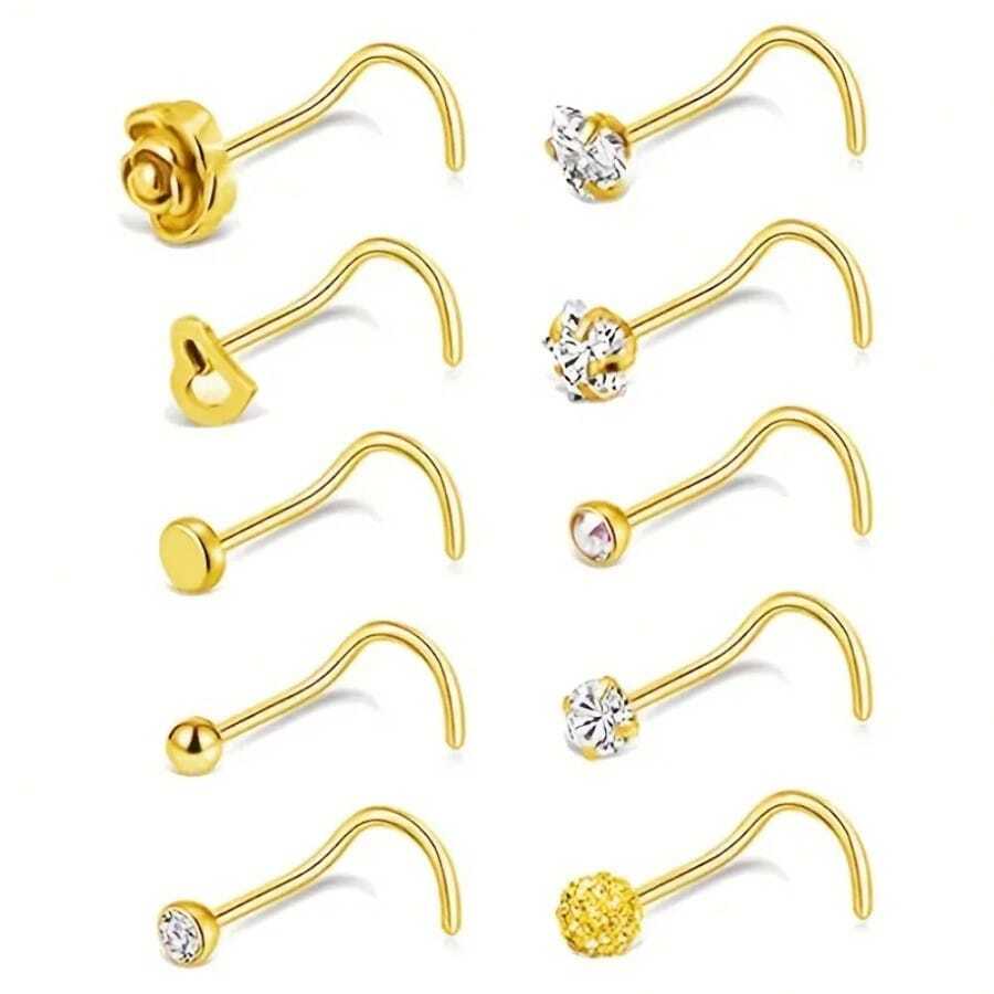 10pcs Stainless Steel Nose Piercing Set With Shiny Stones | SHEIN